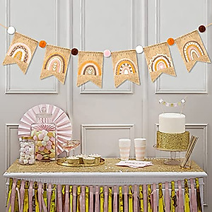 JAPBOR Boho Rainbow Burlap Banner, Bohemian Swallowtail Flag and Felt Ball Banner Decor, Wall Bohemian Hanging Garland for Baby Shower Birthday Summer Festivals Wedding Home Beach Party Decoration
