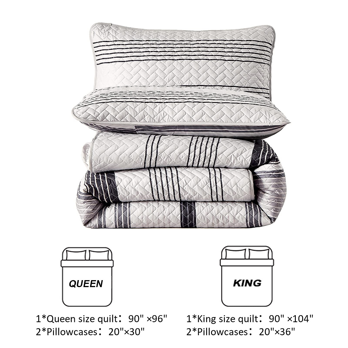 Mybedsoul Grey Boho Quilt Set King Size,3 Pieces Striped Bedspread,Soft Microfiber Coverlet for All Season-1 Quilt and 2 Pillow Shams,90"x104"