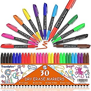 Fine Tip Dry Erase Markers,30 Pack,13 Assorted Colors,Trandpter Fine Point Whiteboard Markers for Kids & Adults,Low Odor Thin Dry Erase Pens Bulk Colorful, Supplies for School Office Home