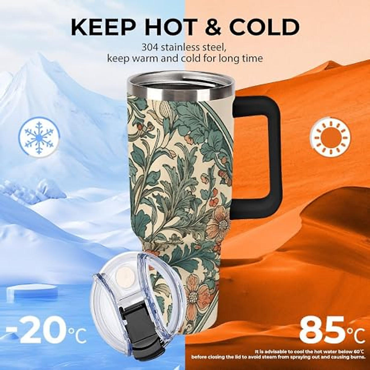 RTFGHJS 40 Oz Tumbler Green Floral Pattern Insulated Tumbler Travel Coffee Mug with Straw Lid Stainless Steel Water Bottle Vacuum Insulated Tumbler for Sport Work Car Travel Weekends