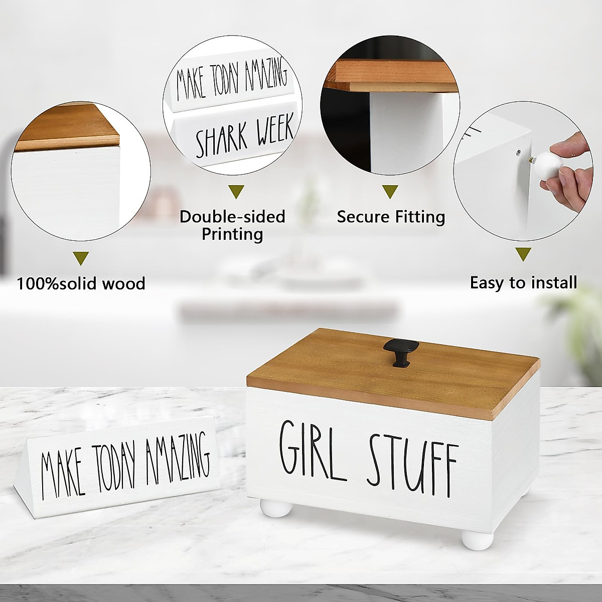 Tampon Holder for Bathroom, Tampon and Pad Holder Organizer with Lid, Tampon and Pad Storage Container with Decorative Bathroom Wooden Sign for Bathroom Accessories,Feminine Products Caddy (White 2)