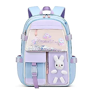 MOONASE Kawaii Bunny Backpack For Girls Bookbag Cute School Bag With Kawaii Pin Bunny Backpack (Blue, Large)