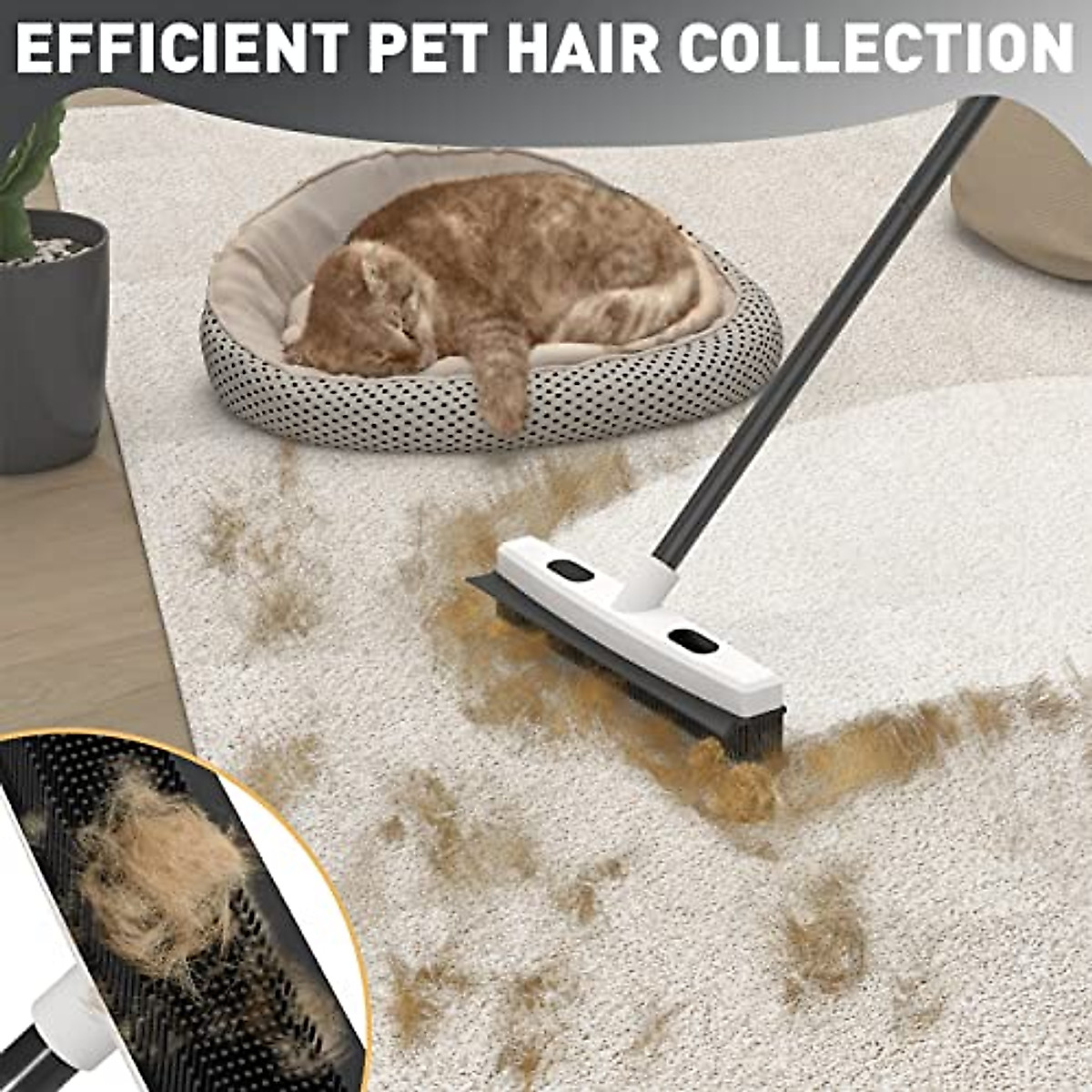 Sunally Rubber Broom Pet Hair Remover, Fur Remover Broom with Squeegee for Fluff Carpet, Hardwood Floor, Tile, Window, Black White, Includes Portable Lint Remover Brush