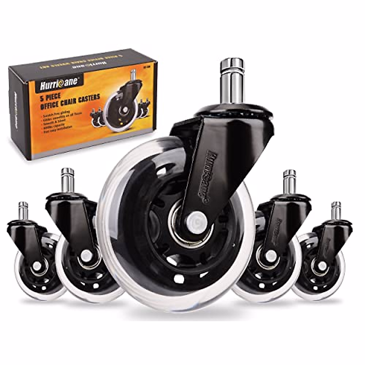 HURRICANE Office Chair Caster, Replacement Rubber Chair Wheel, Heavy-Duty Casters, Chair Wheels Set of 5, for Tile, Hardwood Floor and Carpet, 3 Inch, Flexible 360°Steering, Universal Fit