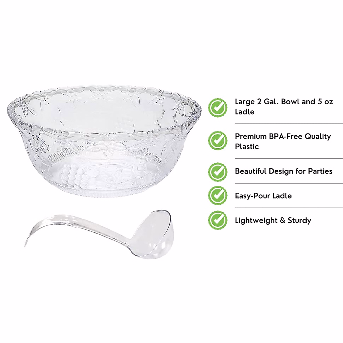 Premium Punch Bowl With Ladle Includes 8 Quart Serving Bowl With 5 oz serving ladle | Heavyweight Floral Embroidered Design | BPA Free Plastic | Punch Bowl Set 2 Gallons Large Punch Bowl for parties