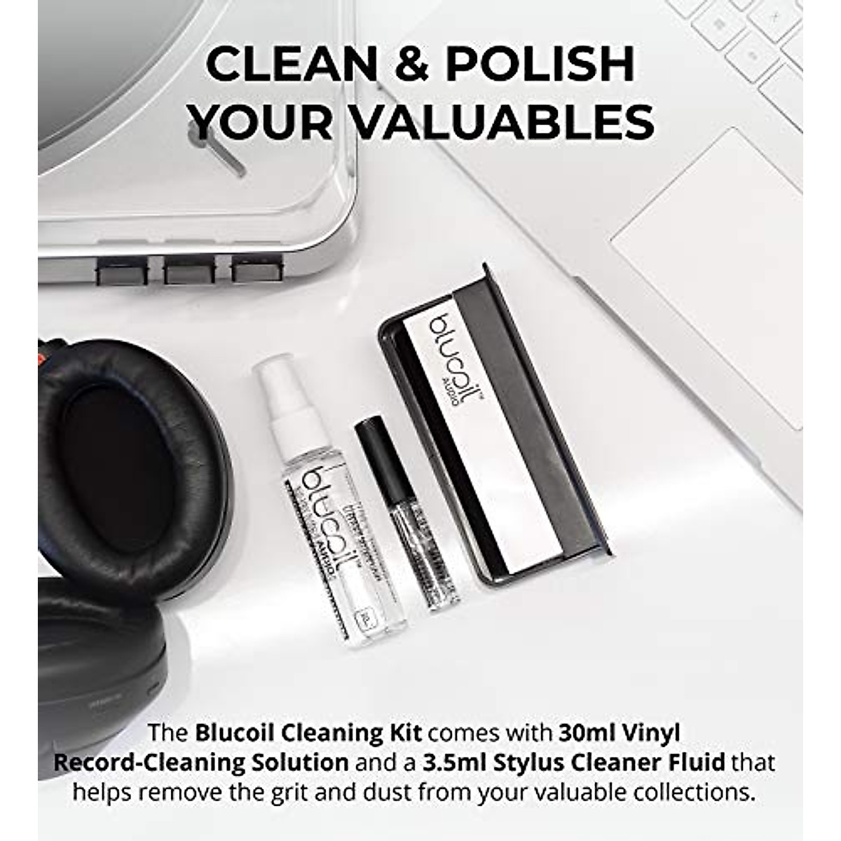 Blucoil Cleaning Kit for Turntable Stylus, LP and Vinyl Records - Anti-Static Carbon Fiber Brush, Velvet Record Cleaning Brush Stand 30ml Vinyl Record-Cleaning Solution 3.5ml Stylus Cleaner Fluid