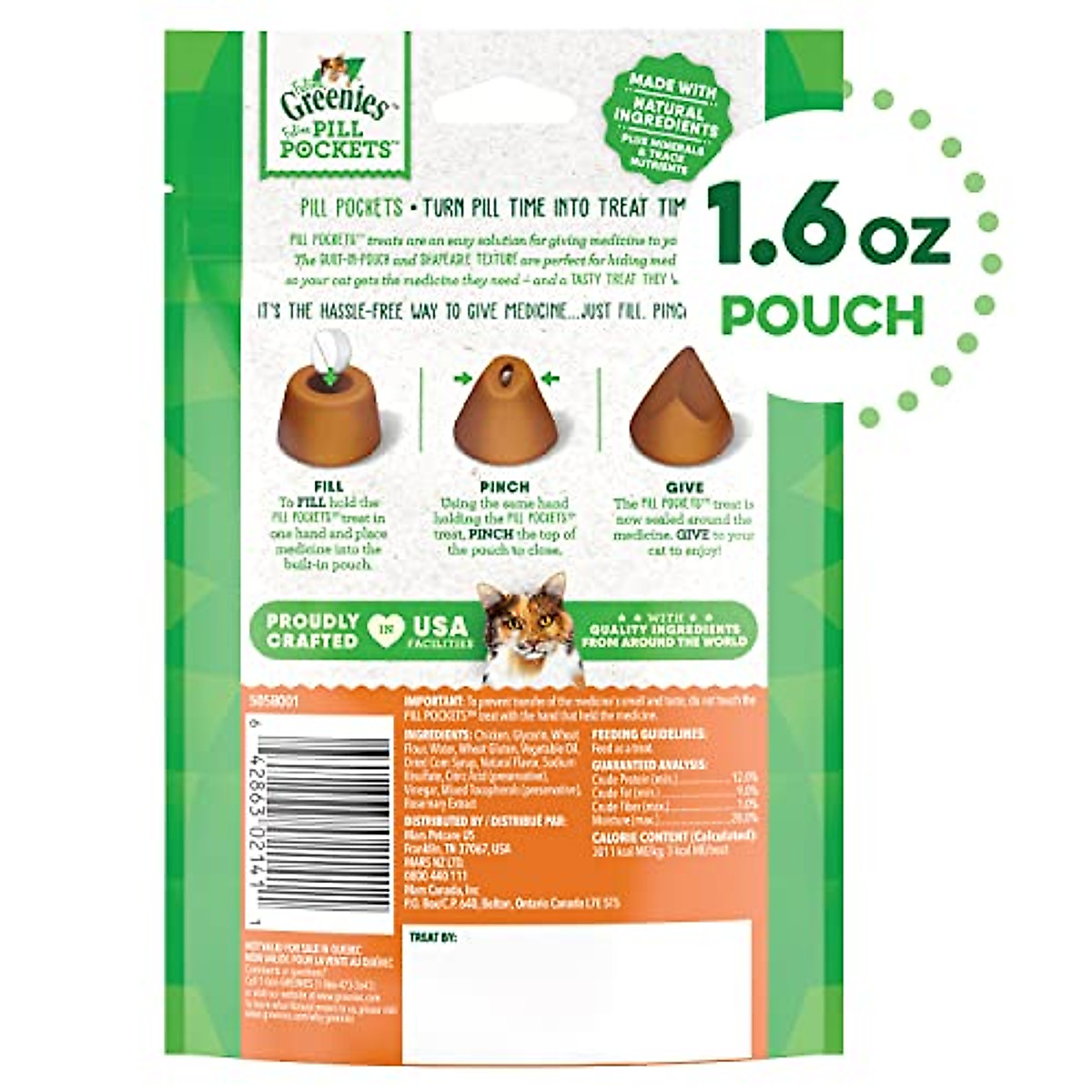 Greenies Feline Pill Pockets for Cats Natural Soft Cat Treats, Chicken Flavor, 1.6 oz. Pack (45 Treats)