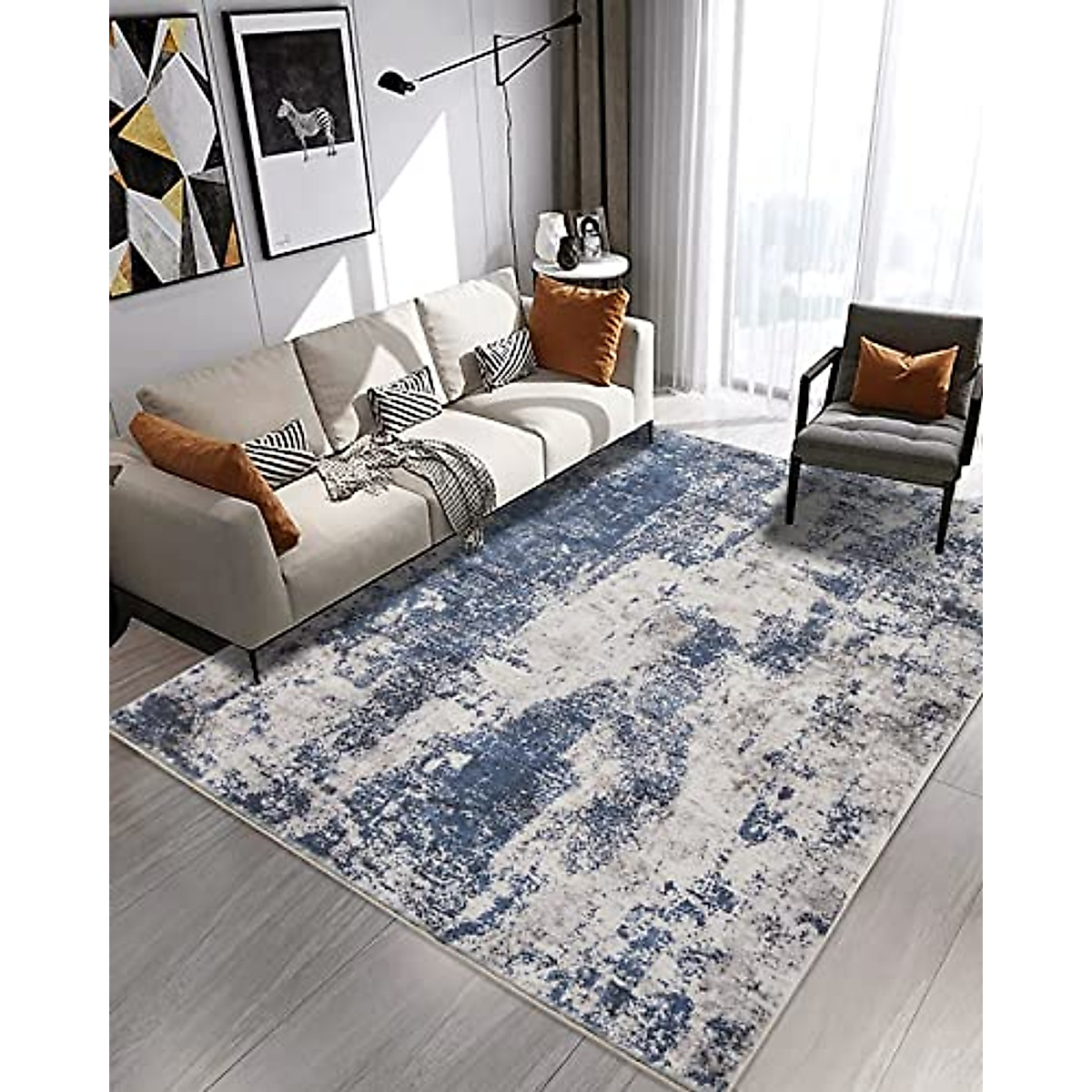 Area Rug Living Room Rugs: 8x10 Large Soft Indoor Carpet Modern Abstract Decor Rug with Non Slip Rubber Backing for Under Dining Table Nursery Home Office Bedroom Blue