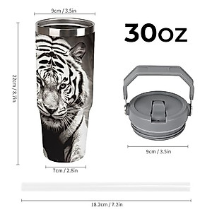 WITHSBKK 30oz Car Cup Black And White Tiger Printed with Portable, Stainless Steel Travel Mug, Vacuum Insulated Tumbler And Straw, Leakproof for Car & Outdoor, UV Printed Design