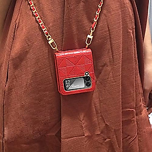 SHIEID Genuine Leather Galaxy Z Flip 4 Case with Chain, Noble Temperament, Diamond Shape Design Fine Texture Z Flip 4 Case for Samsung Galaxy Z Flip 4, Brown