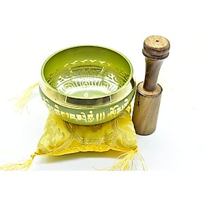 3.75" Tibetan Meditation Yoga Singing Bowl Yellow Set with free Wooden Mallet and Silk Cushion from Nepal, Singing bowls.