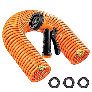 Besiter Coil Hose 25ft,EVA Recoil Garden Hose Brass Connector,Coiled Water Hose Lightweight and No Kink Includes 10 Patterns Spray Nozzle for Outdoors Lawn Watering,Car Washing Orange