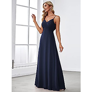 Ever-Pretty Women's V-Neck Sleeveless Front Ruched Maxi A-Line Wedding Guest Dresses Navy Blue US16