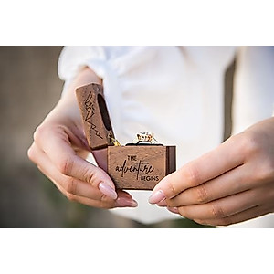 MUUJEE The Adventure Begins Slim Engagement Ring Box - Engraved Wooden Ring Box for Wedding Ceremony Engagement Proposal Ring Bearer Box - Anniversary Birthday Gift Ideas