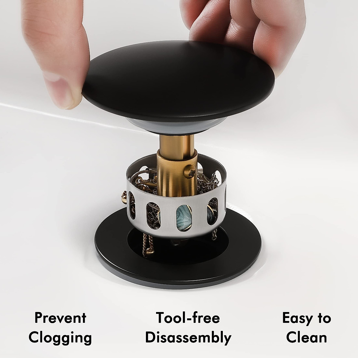 KES Bathroom Sink Drain with Strainer Basket Hair Catcher Anti Clog Pop Up Drain Stopper Vanity Vessel Sink with Overflow, Matte Black S2013A-BK