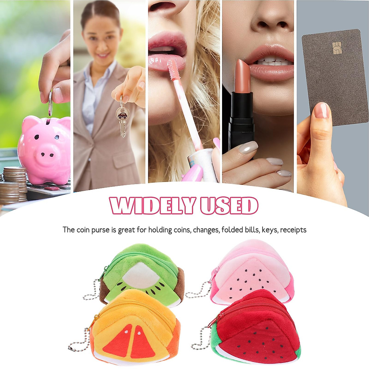 STOBOK 4pcs Cute Coin Purse Fruit Pattern Plush Triangle Wallet Pocket Mini Pouch Purse (Watermelon + Orange + Dragon Fruit + Kiwi)