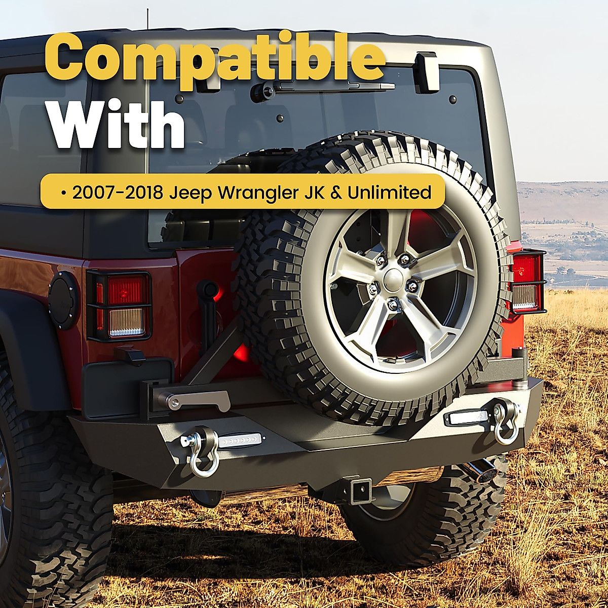 ECOTRIC Steel Rear Bumper Compatible with 2007-2018 Jeep Wrangler JK with Tire Carrier Bumper w/Lockable Tire Carrier 2" Receiver 2Pcs High Powered LED Floodlights Textured Black 2 Packages