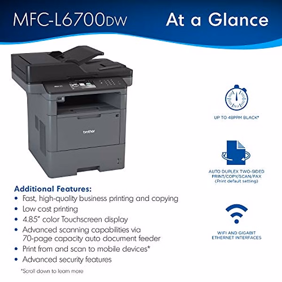Brother Monochrome Laser Printer, Multifunction Printer, All-in-One Printer, MFC-L6700DW, Advanced Duplex, Wireless Networking Capacity, 70-Page ADF Capacity, Amazon Dash Replenishment Ready