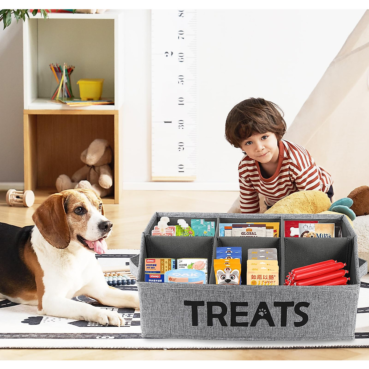 Brabtod Dog Storage Organizer,Dog Treat Container Bin,Collapsible Fabric Storage Box for Pet Treats with removable dividers,Dog Stuff Container for Dog Treats Stick/Pet Canned Food/Packaged Snacks