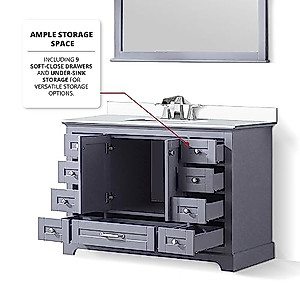 Lexora Dukes 48 in. W x 22 in. D Dark Grey Single Bath Vanity, White Quartz Top, White Square Sink, and 46 in. Mirror