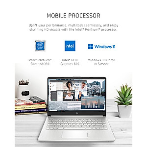 HP 14 inch Laptop, Intel Pentium Silver N5030 Processor, Intel UHD Graphics, 128 GB SSD, Windows Window 11 in S Mode (14-dq0090nr, Natural Silver)