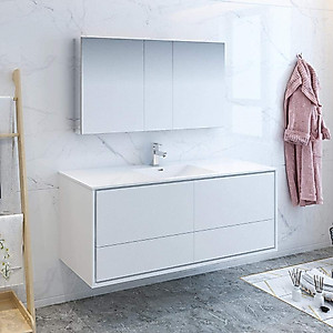 Fresca Catania 60" Glossy White Wall Hung Single Sink Modern Bathroom Vanity w/Medicine Cabinet
