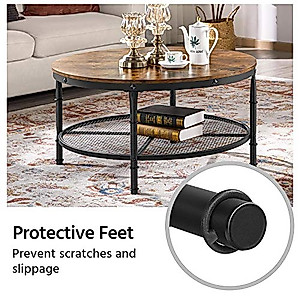 Yaheetech 35.5 inch Round Coffee Table, 2-Tier Rustic Wood Coffee Table for Living Room, Industrial Center Table with Metal Frame and Wood Desktop,Easy Assembly, Rustic Brown