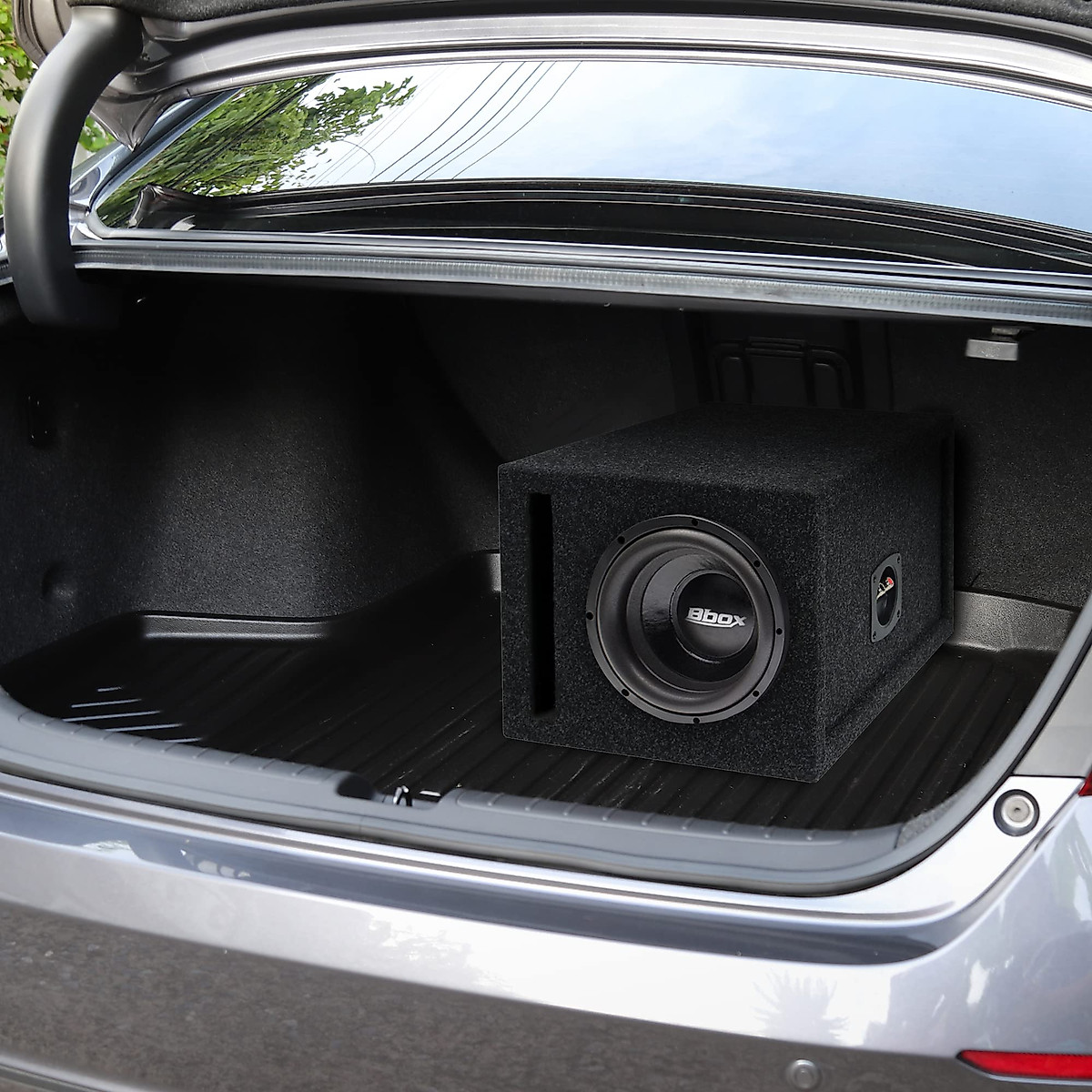 Bbox Single Hatchback Sealed 8 Inch Subwoofer Enclosure - Car Subwoofer Boxes & Enclosures - Premium Subwoofer Box Improves Audio Quality, Sound & Bass - Nickel Finish Subwoofer Terminal - Black