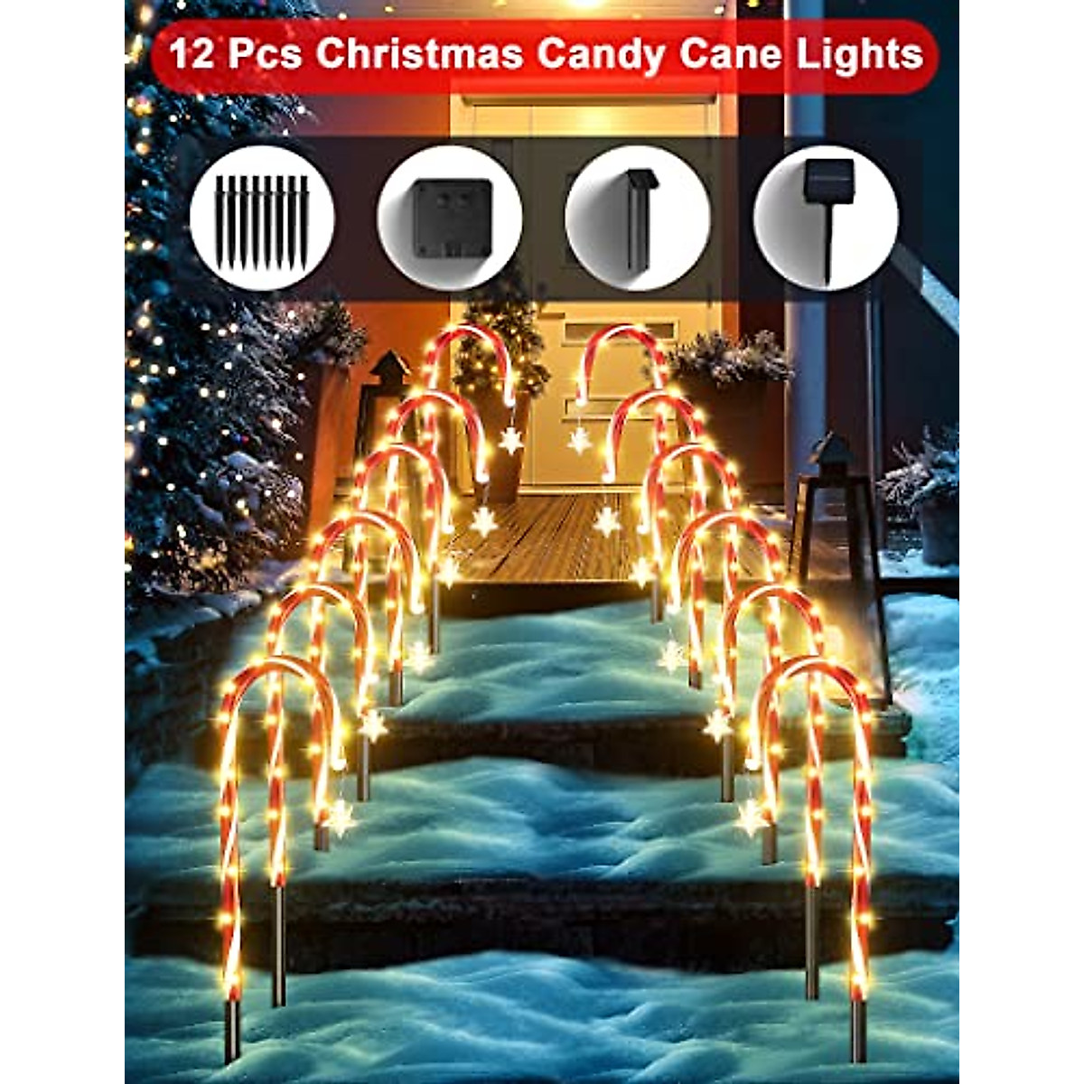 12 Pack Solar Christmas Candy Cane Lights, 21" Candy Cane Pathway Lights Outdoor Markers Christmas Decorations Lights with 8 Lighting Modes, for Xmas Holiday Party Garden Walkway Patio Garden Decor