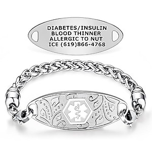 Divoti Custom Engraved Filigree Medical Alert ID Bracelets for Women w/Wheat Chain- White - 7.5"