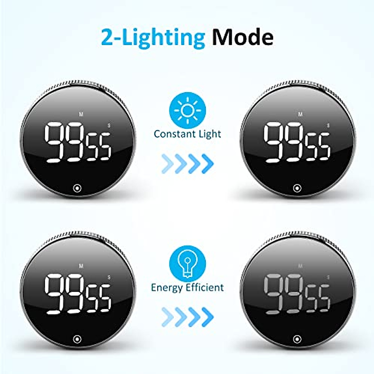 Digital Kitchen Timer Magnetic Countdown with Large LED Display, Silent Classroom Timer for Kids Teachers, 3-Level Volume Round Count Up Timer for Cooking Baking, Easy Operation for Seniors Silver