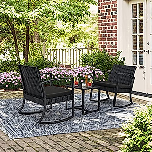 Greesum 3 Pieces Outdoor Furniture Set Patio Bistro Rocking Chairs with Glass Coffee Table for Pool Beach Backyard Balcony Porch Deck Garden, Black