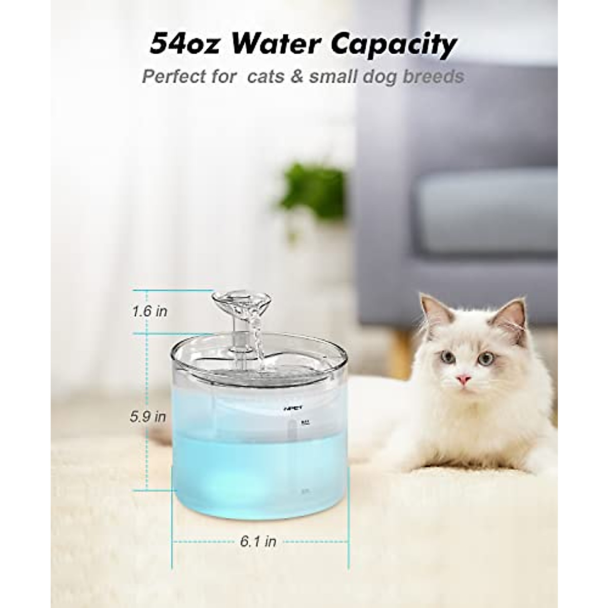 NPET WF100 Cat Water Fountain, 54oz/1.6L Automatic Pet Fountain Cat Water Dispenser with 2 Flow Modes, Light Quiet Pump for Cats (Adapter Not Included)