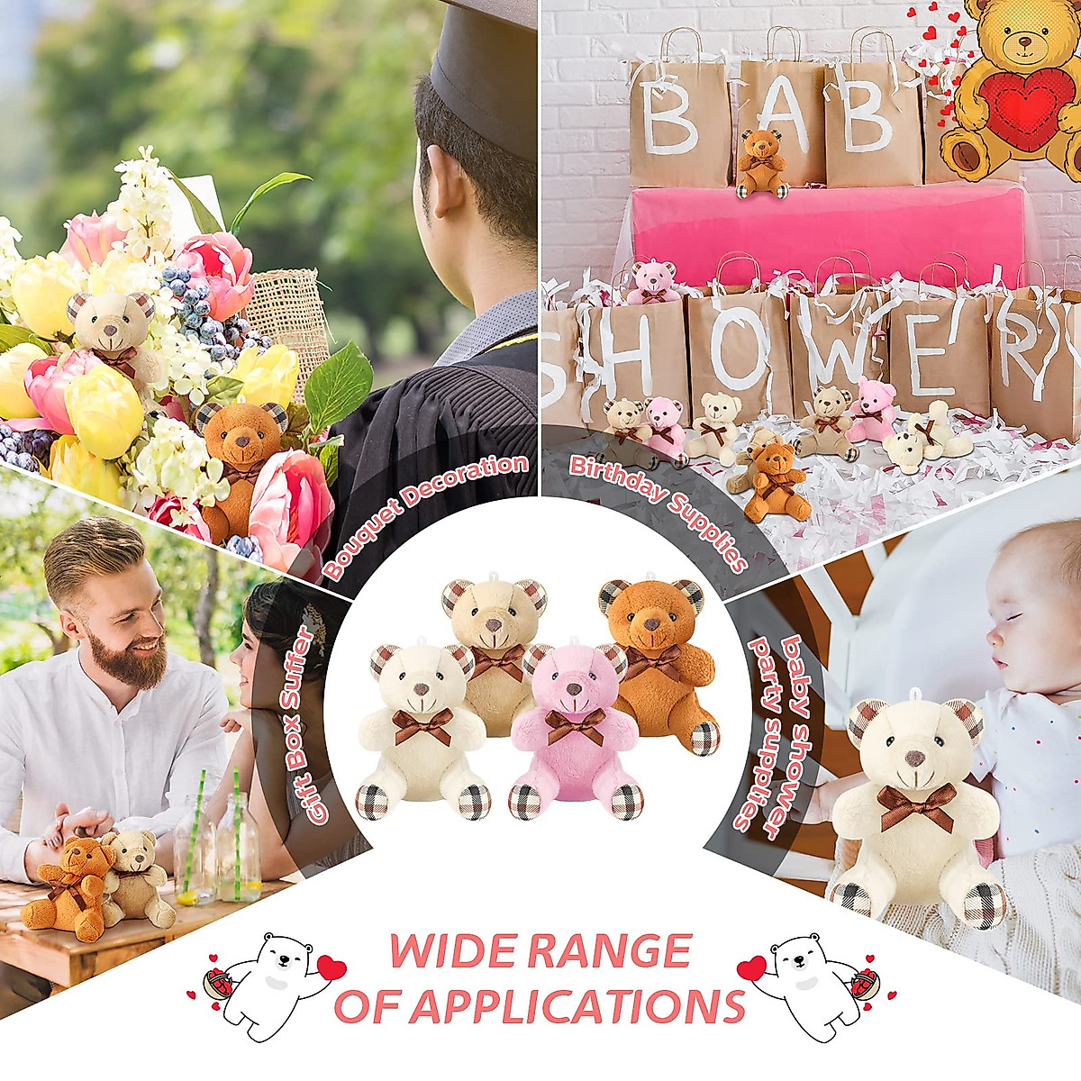 Skylety 16 Pcs Mini Plush Bear Bulk 4 Inch Bear Stuffed Animal Toy Doll Small Soft Bear Keychain for Birthday Baby Shower Wedding Party Favor Decor(Light Brown, Dark Brown, Pink, Beige,Cute)