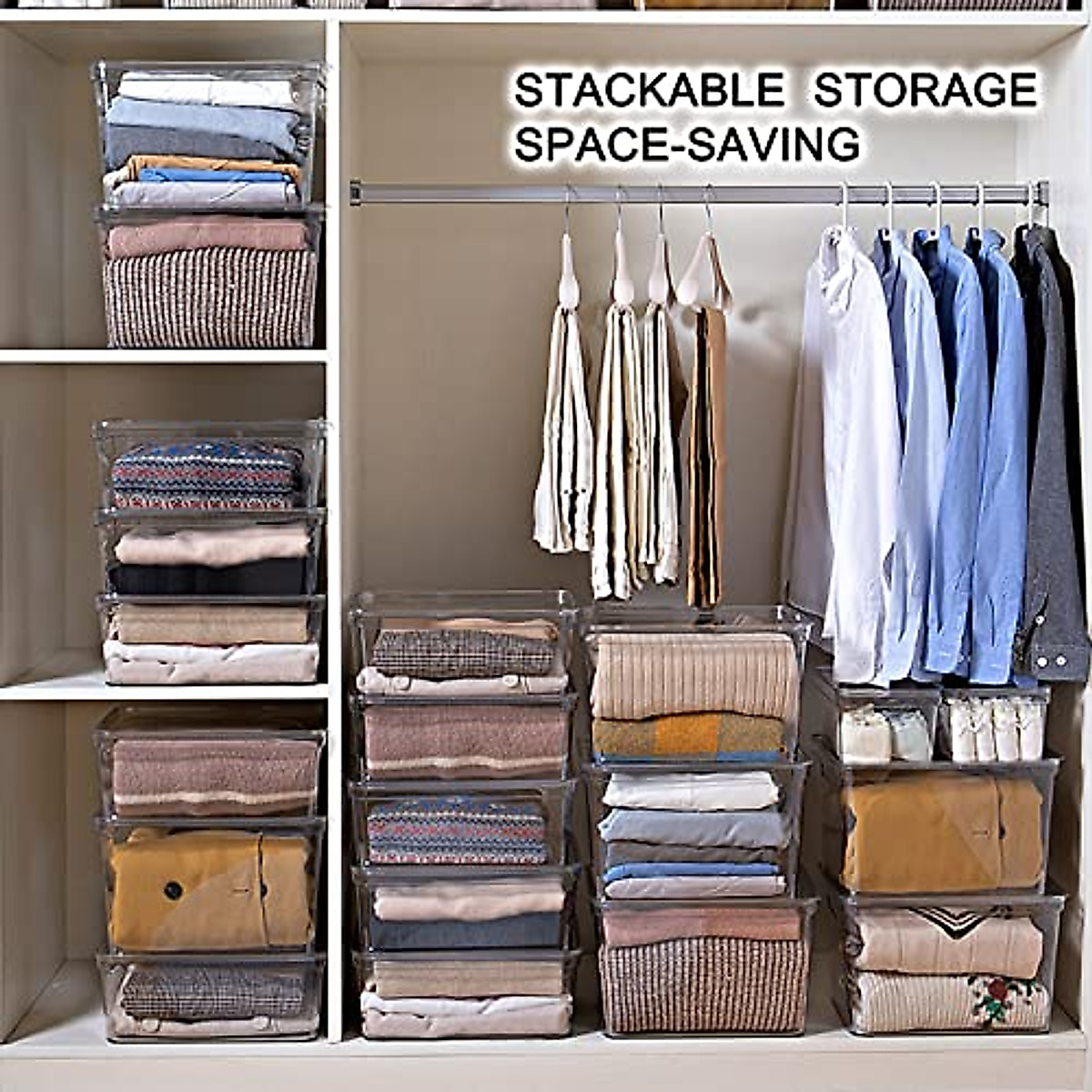 loobuu Plastic Clear Storage Bins with Lid, Stackable Pantry Organizer Box Bin Containers for Organizing Wardrobe Clothes, Fridge, Pantry Cabinet, Fruit, Vegetables, Bathroom Supplies 3 Pack