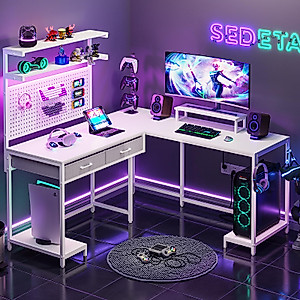 SEDETA White L Shaped Gaming Desk with LED Lights and Drawers, Gaming Desk with Hutch & Pegboard, Computer Desk with Monitor Stand, Storage Shelves, Home Office Desk Corner Desk, Gaming Table