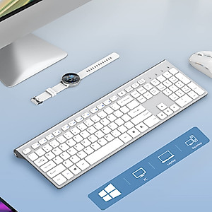 JOYACCESS Rechargeable Silent Wireless Keyboard, 2.4G USB Keyboard for Mac, PC, Laptop, Compatible with Windows, iOS, Android, Water Resistant, Slim Design (Silver White)
