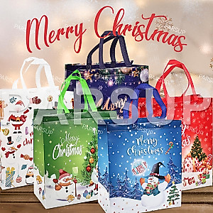 PARSUP 8PCS Large Christmas Gift Bags, Tote Bags with Handles, Christmas Treat Bags, Multifunctional Non-Woven Christmas Bags for Gifts Wrapping Shopping, Xmas Party Supplies, 15"×13.8"×5.9"