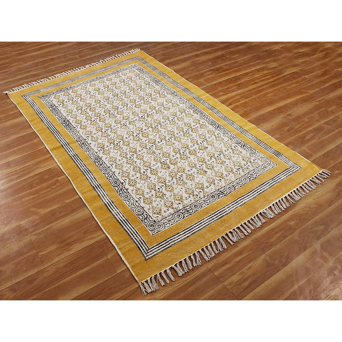 CASAVANI Collection Rectangular Rug - 5x7 Ft Musterd Yellow Cotton Dhurrie Floral Kilim Rug Indoor Outdoor Use Carpet Flatweave Rug High Traffic Area in Bedroom Dining Room Living Room