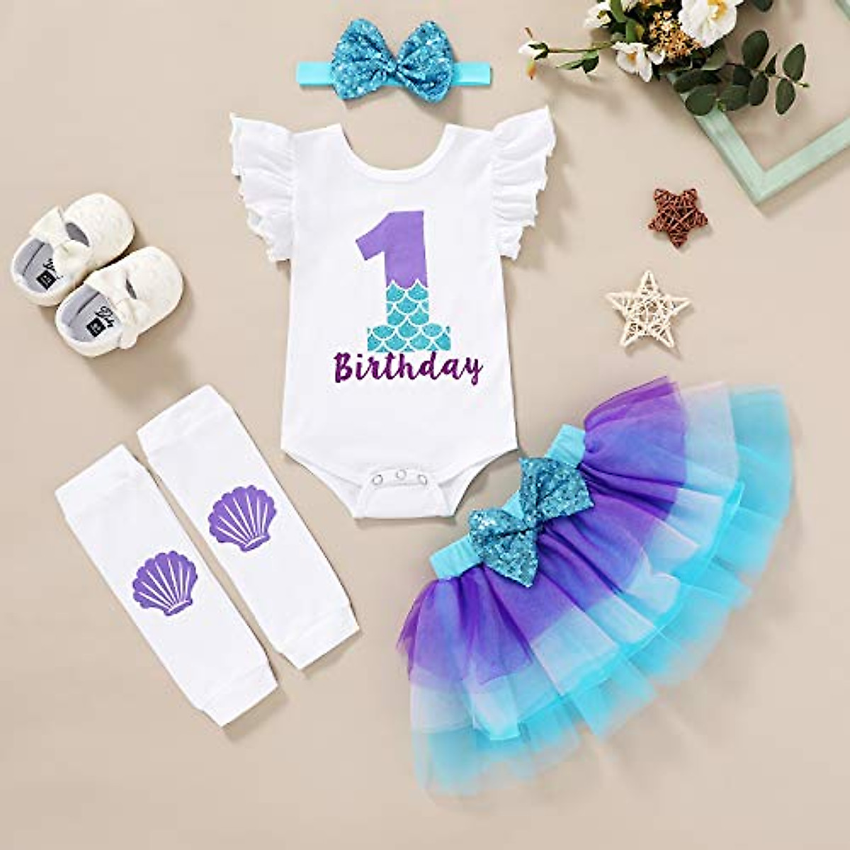 YOUNGER TREE Baby Girls 1st Birthday Mermaid Outfit Romper Headband Leggings Tutu Dress Sequin Bowknot Princess Skirt Sets (12-18 Months, White # Birthday)