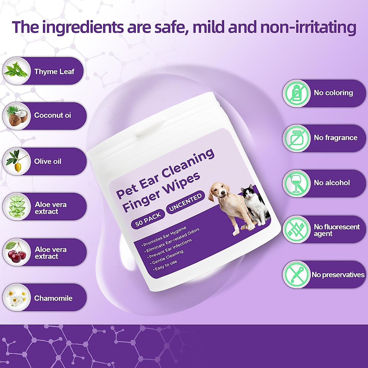 Ear Finger Wipes for Cats&Dogs,50 Pack Dog or Cats Ear Cleaner Wipes to Stop Ear Itching, Gently Remove Ear Wax Pet Ear Wipes, Sooths & Deodorizes