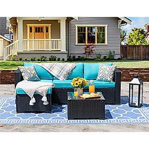 Walsunny Patio Furniture Set 3 Piece Outdoor Sectional Patio Sofa, All Weather Wicker Rattan Outdoor Furniture with Glass Table and Cushions(Black/Blue)