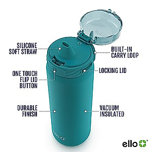 Ello Cooper 22oz Stainless Steel Water Bottle with Straw and Carry Handle, Double Walled and Vacuum Insulated Metal, Leak Proof Locking Lid with Soft Silicone Spout, Reusbale, BPA Free, Antigua