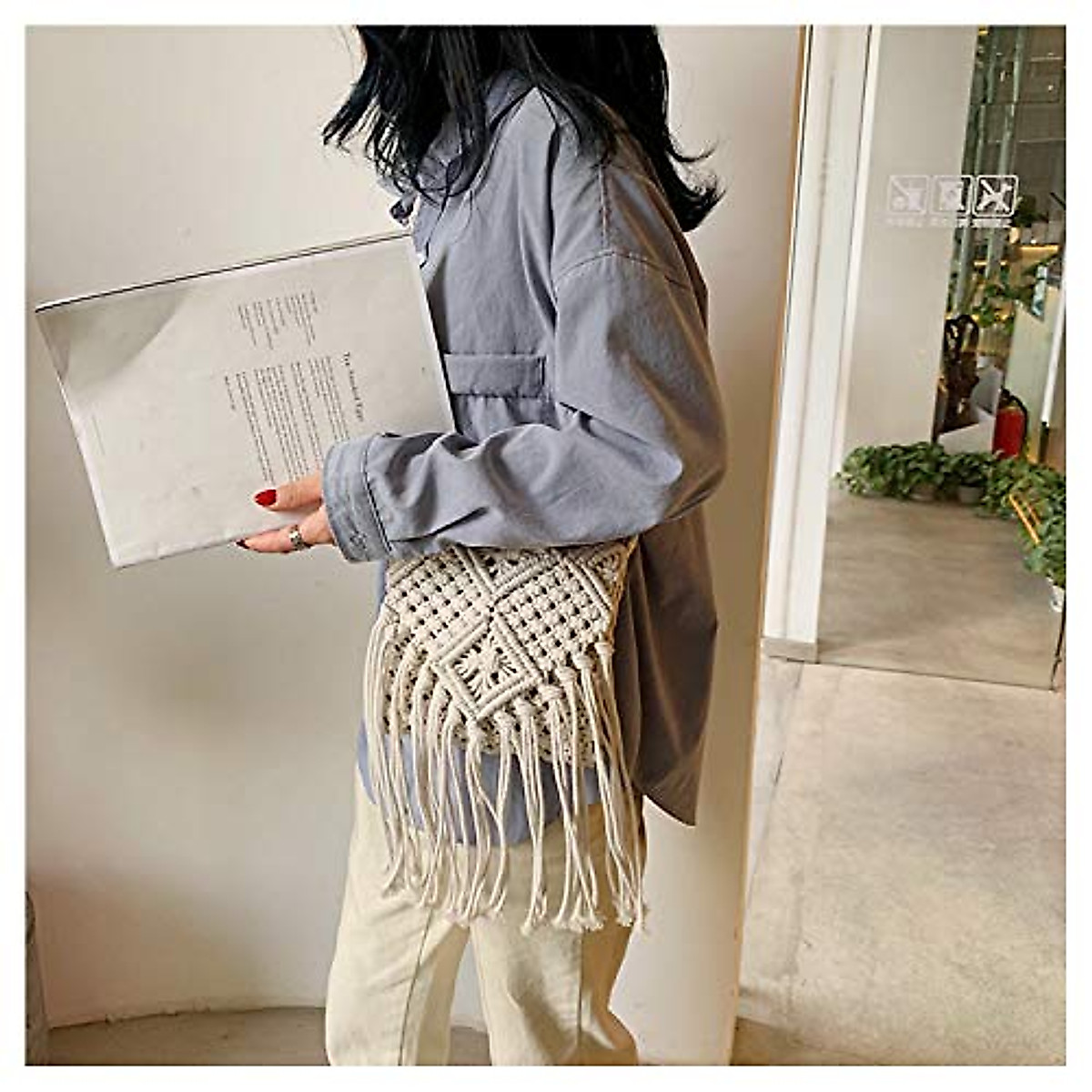 Nice Pies Women's Beach Straw Handbag Woven Tote Fishing Net Beach Bag Large Capacity Mesh Rope Combination Handbag (White)