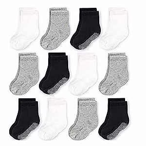 HLPHA Baby Non Slip Socks For Toddler Boys Girls,12 pairs Of Kids Cotton Socks For 0-5 Years (Black Soild，1-3T)