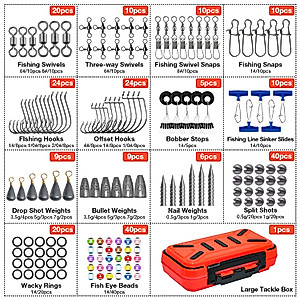 GOANDO 238pcs Fishing Accessories Kit Fishing Tackle Box Including Fishing Hooks Fishing Weights Beads Split Shot Fishing Gear for Bass Trout Salmon Fishing Gifts for Men