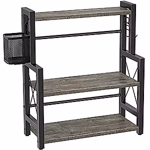 Rolanstar Spice Rack Organizer with Wire Basket, 3-Tier Kitchen Shelf, Wooden Spice Organizer with 2 Hooks, Countertop Bathroom Storage Shelf, Seasoning Rack, Grey