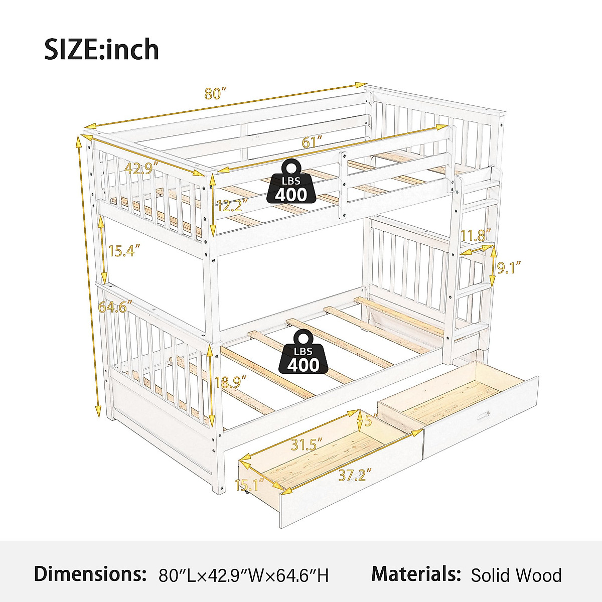 Merax Wood Bunk Bed with Drawers,Convertible Wood Bunk Bed with Ladders and Two Storage Drawers,Solid Wood Detachable Bunk Bed Frame with Ladders,Twin Over Twin Size,Espresso