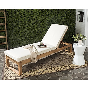 SAFAVIEH Outdoor Collection Solano Natural Brown Solid Wood/Beige Cushion Patio Adjustable Chaise Lounge Chair (PAT7024A)