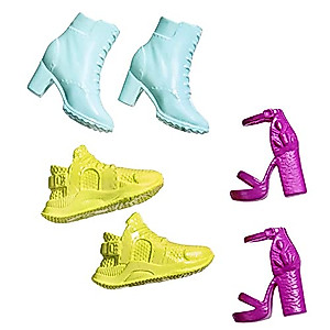Barbie Fashion Shoes - Package of 5 Pairs of Shoes ~ Yellow Sneakers, Pink High Heels, Purple High Heels, Blue Boots and Green Hiking Shoes